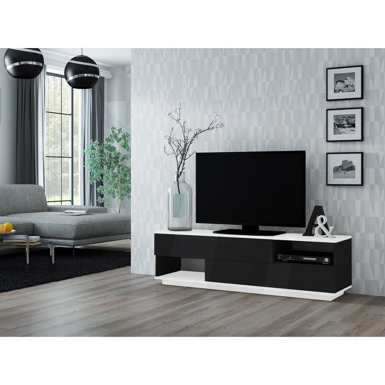 Comoda TV 160 cm x 50 cm x 44 cm, Negru lucios/ Alb - eMAG.ro