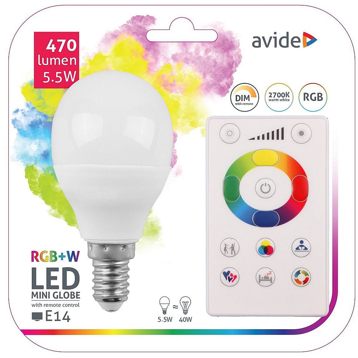 Bec Avide Smart LED bec Mini 5.5W RGB+W 2700K cu telecomanda IR - eMAG.ro