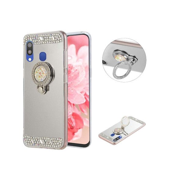 Огледален капак за Samsung A40, камъчета и пръстен, Сребрист - eMAG.bg