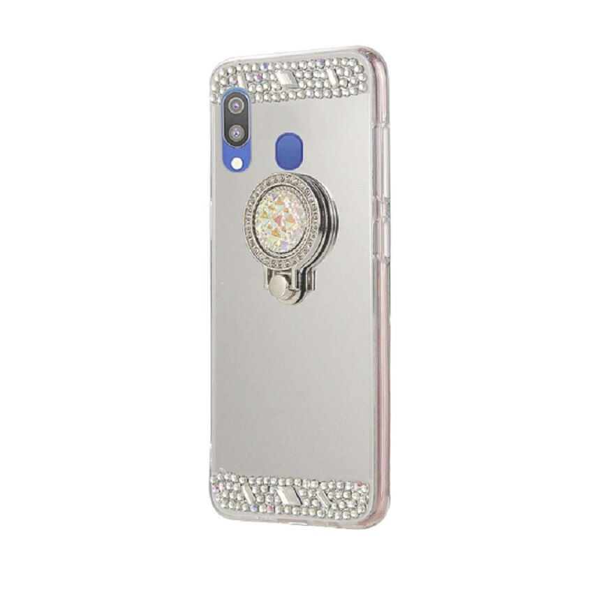 Огледален капак за Samsung A40, камъчета и пръстен, Сребрист - eMAG.bg