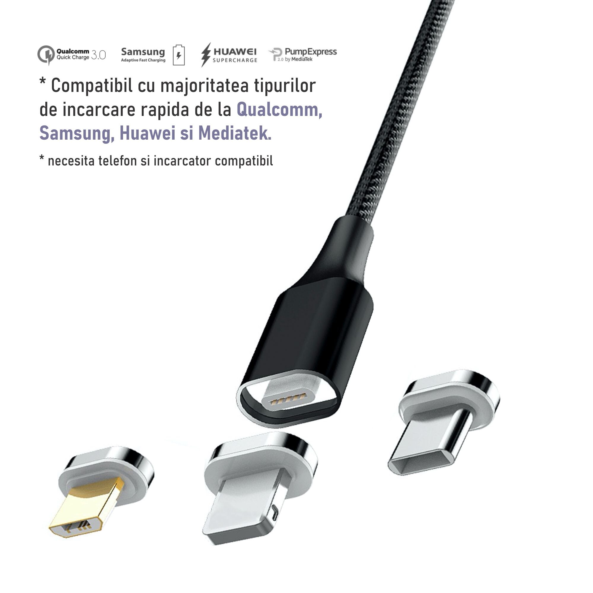 Cablu magnetic incarcare/transfer date QuickUse, compatibil QC3.0 si ...