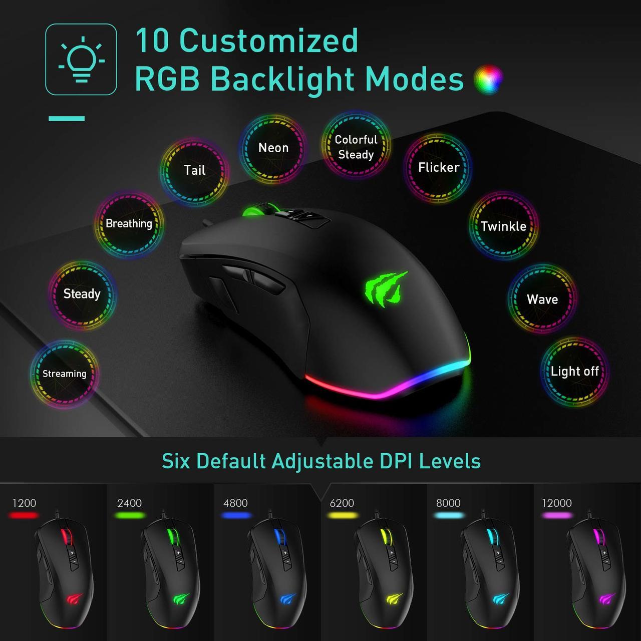 Геймърска мишка Havit MS900 (MS760) RGB, Трансформираща, Оптична, 12000 DPI, FIRE KEY бутон ...