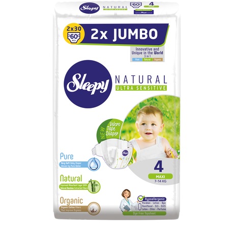 Scutece Sleepy Natural Ultra Sensitive Double Marime 4 Maxi, 7-14kg, 60 ...