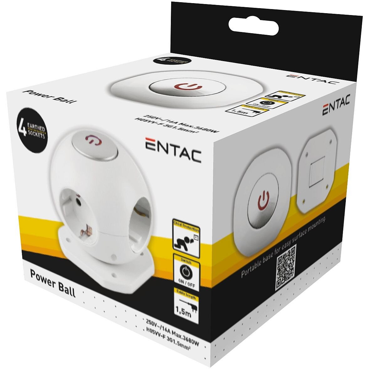 Prelungitor Entac PowerBall, forma minge, 4 prize Schuko, 1.5m, 3G1.5mm ...