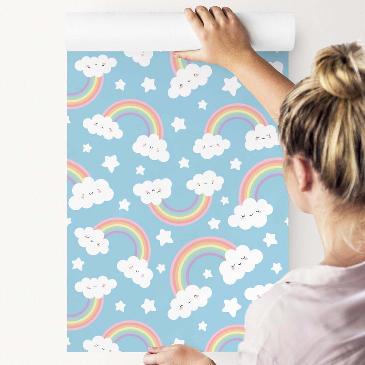 Tapet Copii Nori si Curcubeu Vesel, Fototapet 53cm x 10m - eMAG.ro