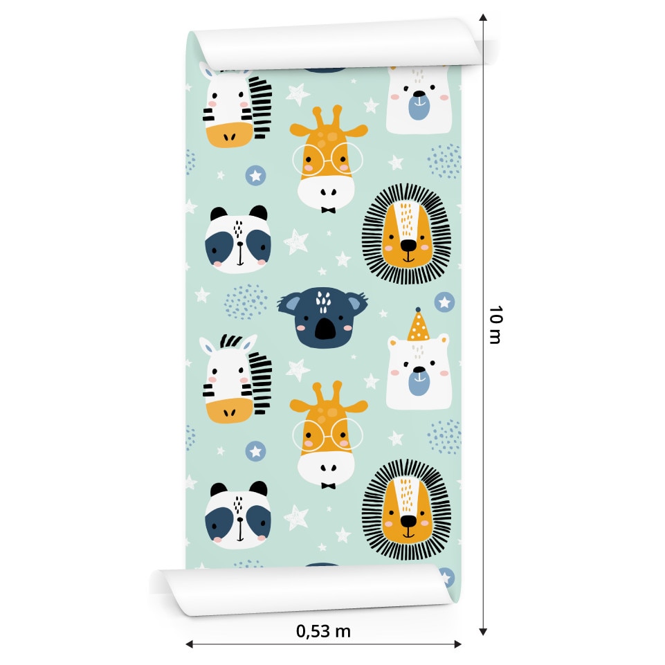 Tapet Copii Animale Vesele pe un Fundal Deschis cu Stelute 53cm x 10m ...