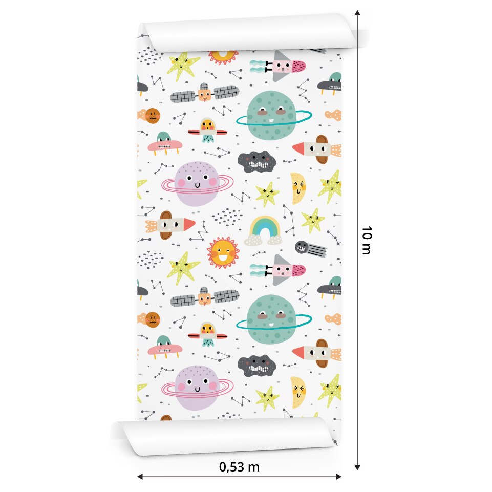 Tapet Copii Planete Stele Rachete si Sateliti, Fototapet 53cm x 10m ...