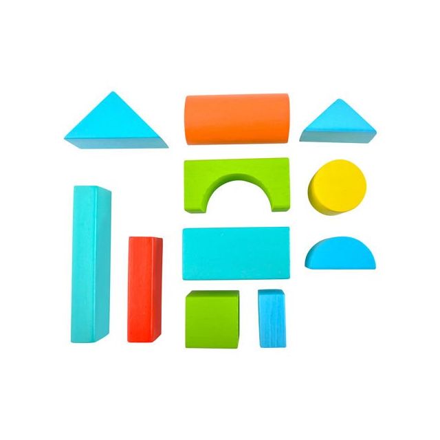 Set de constructie 200 piese din lemn, forme geometrice, in galetuta ...