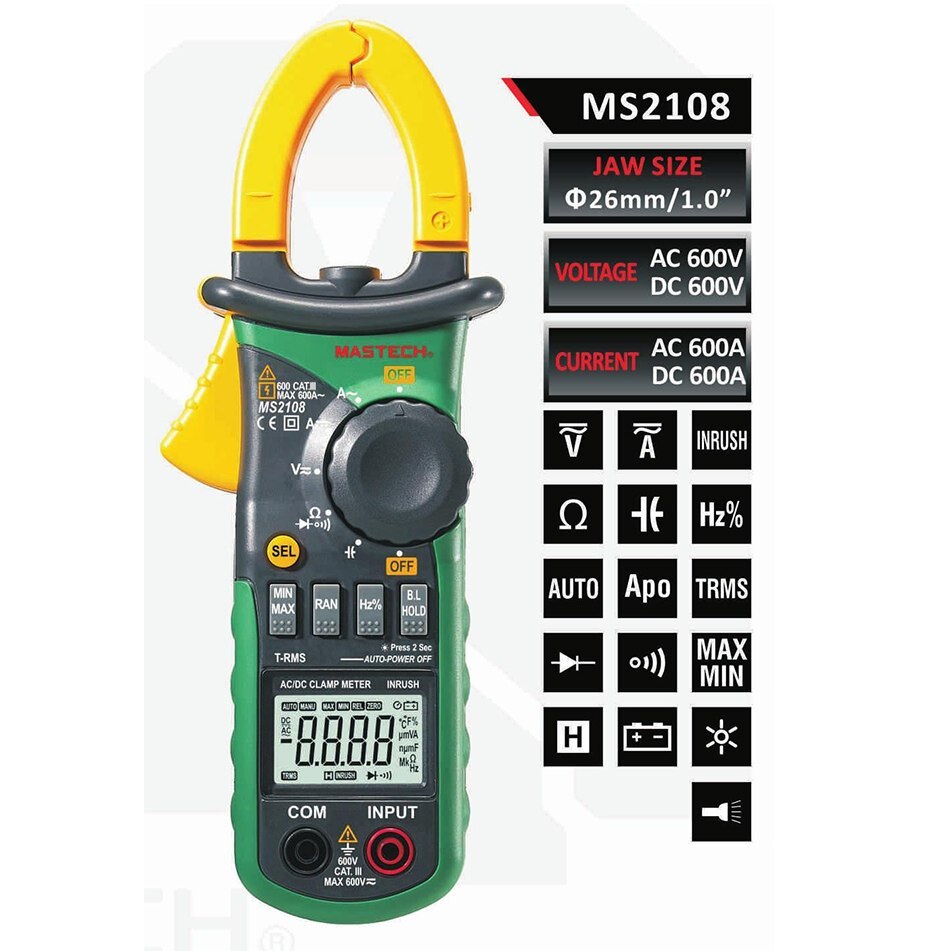 Clampmetru, Mastech, MS2108, ADC/AAC, Iluminat din spate, VAC/VDC, OHM ...
