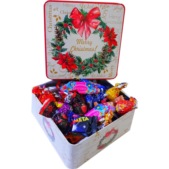 Bomboane de ciocolata Bucuria, cutie din metal, patrata, cu motive de ...