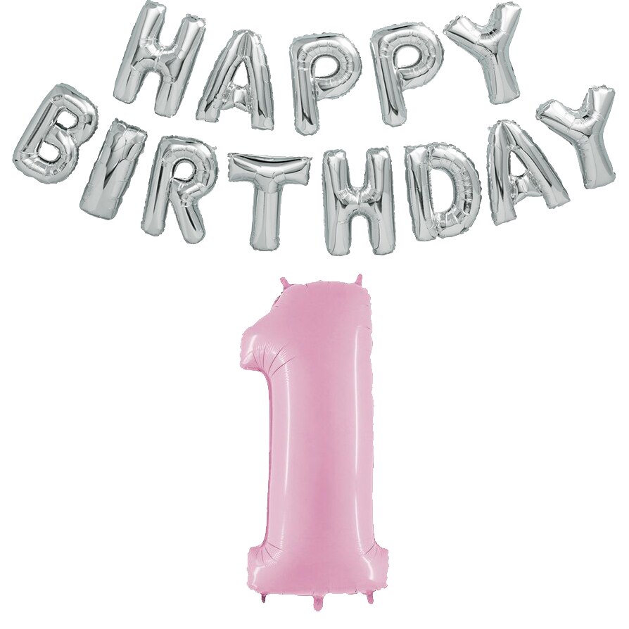Set baloane pentru primul an, litere 40cm HAPPY BIRTHDAY, argintiu ...