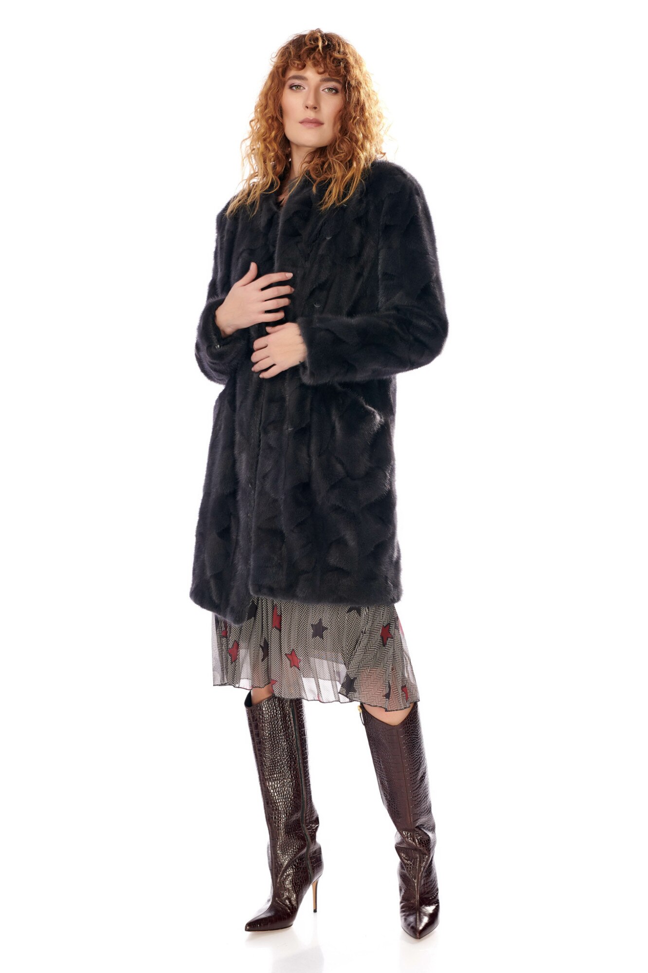 Haina lunga din blana naturala de nurca, CuAnna, gri inchis, S-M - eMAG.ro