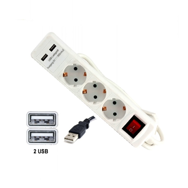 Prelungitor electric cu 3 prize si 2 porturi USB Troy 24023, 1.4 m ...