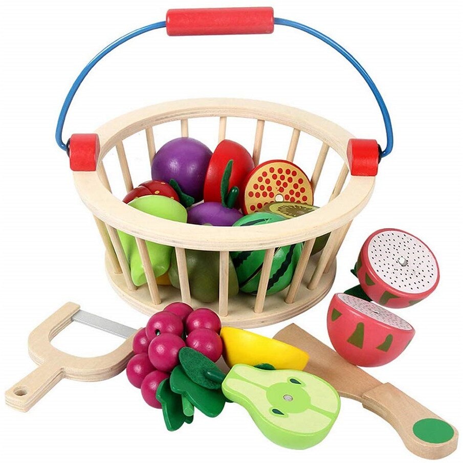 Set joaca supermarket Cos cu legume din lemn pentru feliat, 12 piese ...