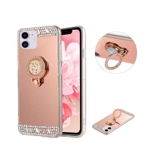 Husa oglinda, pietricele si inel compatibila cu Iphone 11 Roz - eMAG.ro