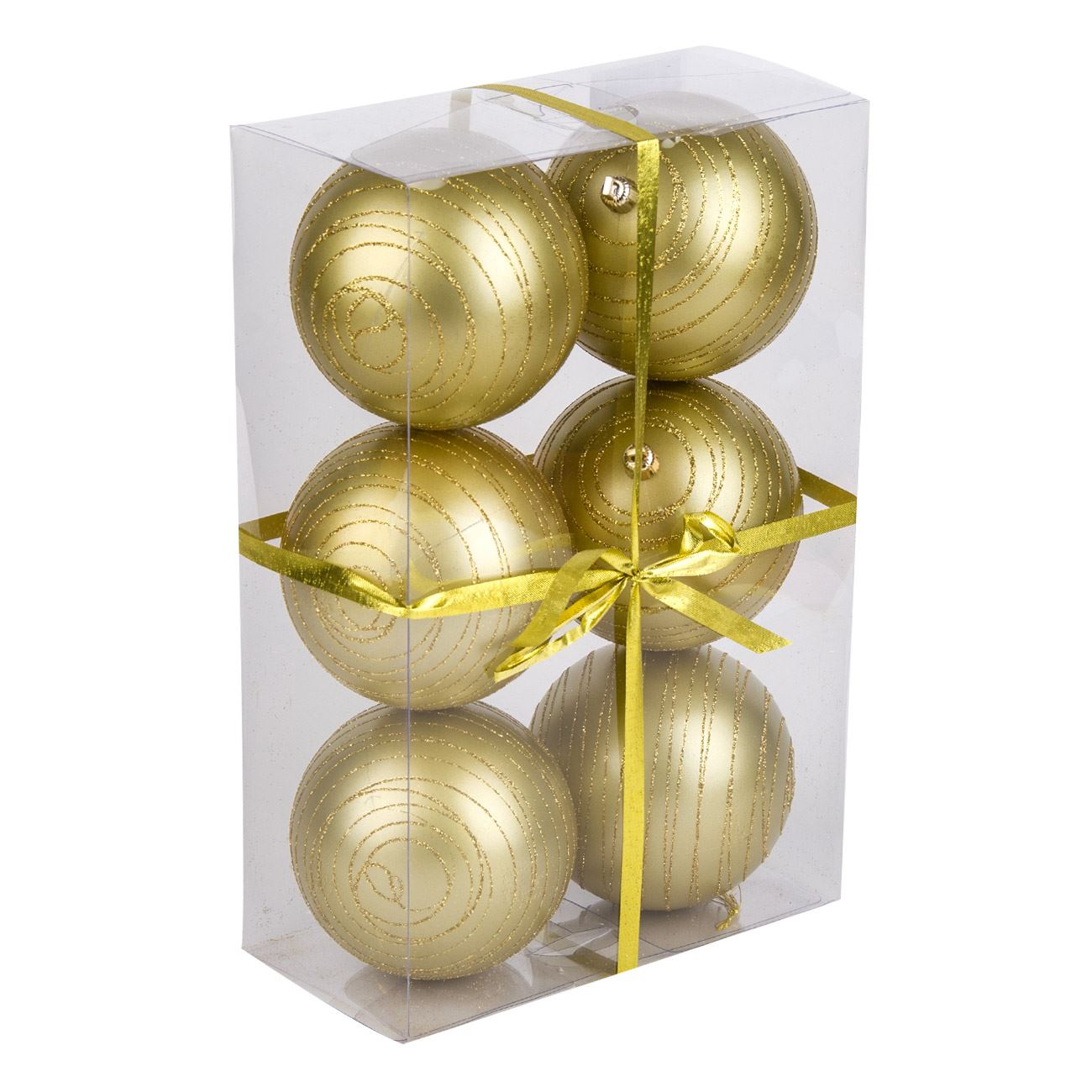 Комплект от 6 коледни топки, матов модел с блясък, 10 см, златисти ...