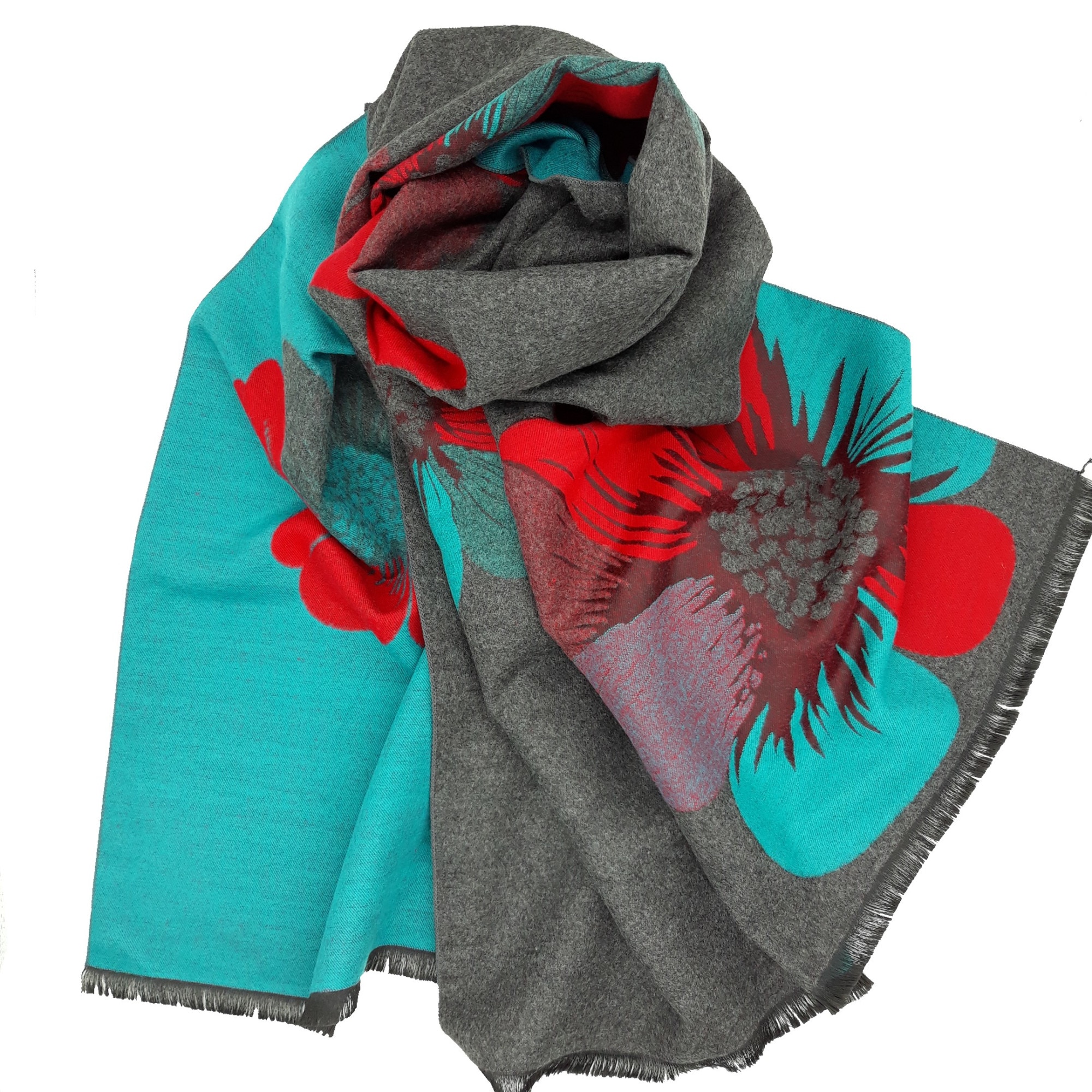 Sal dama, cu doua fete, turcoaz/gri, din casmir, dimensiune:190/65 cm ...