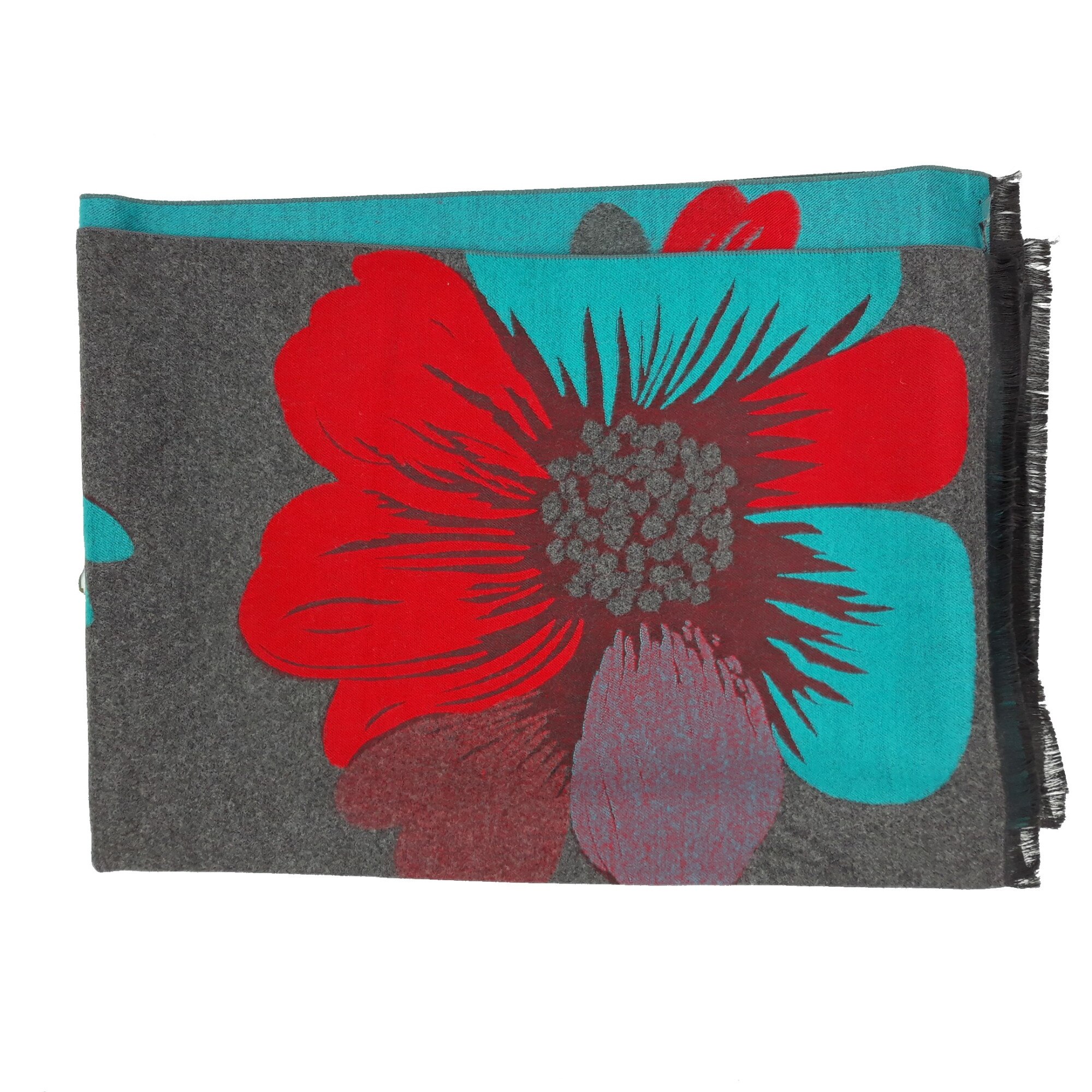 Sal dama, cu doua fete, turcoaz/gri, din casmir, dimensiune:190/65 cm ...