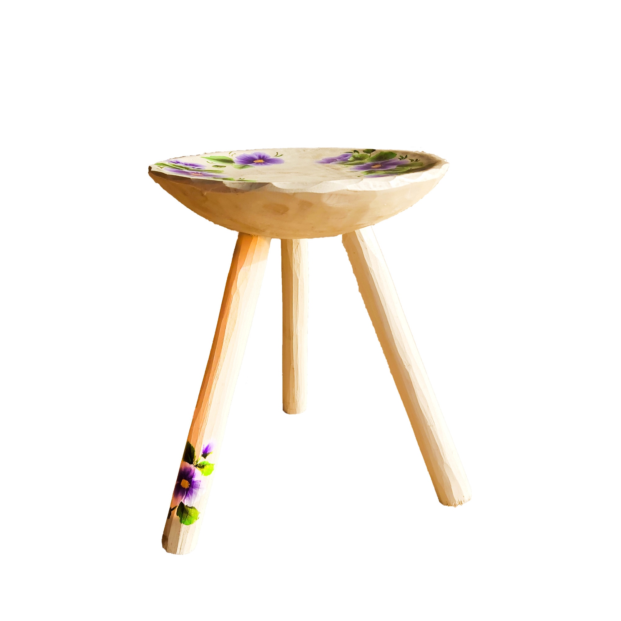 Scaun cu trei picioare, living/bucatarie/dormitor, lemn, pictat manual ...