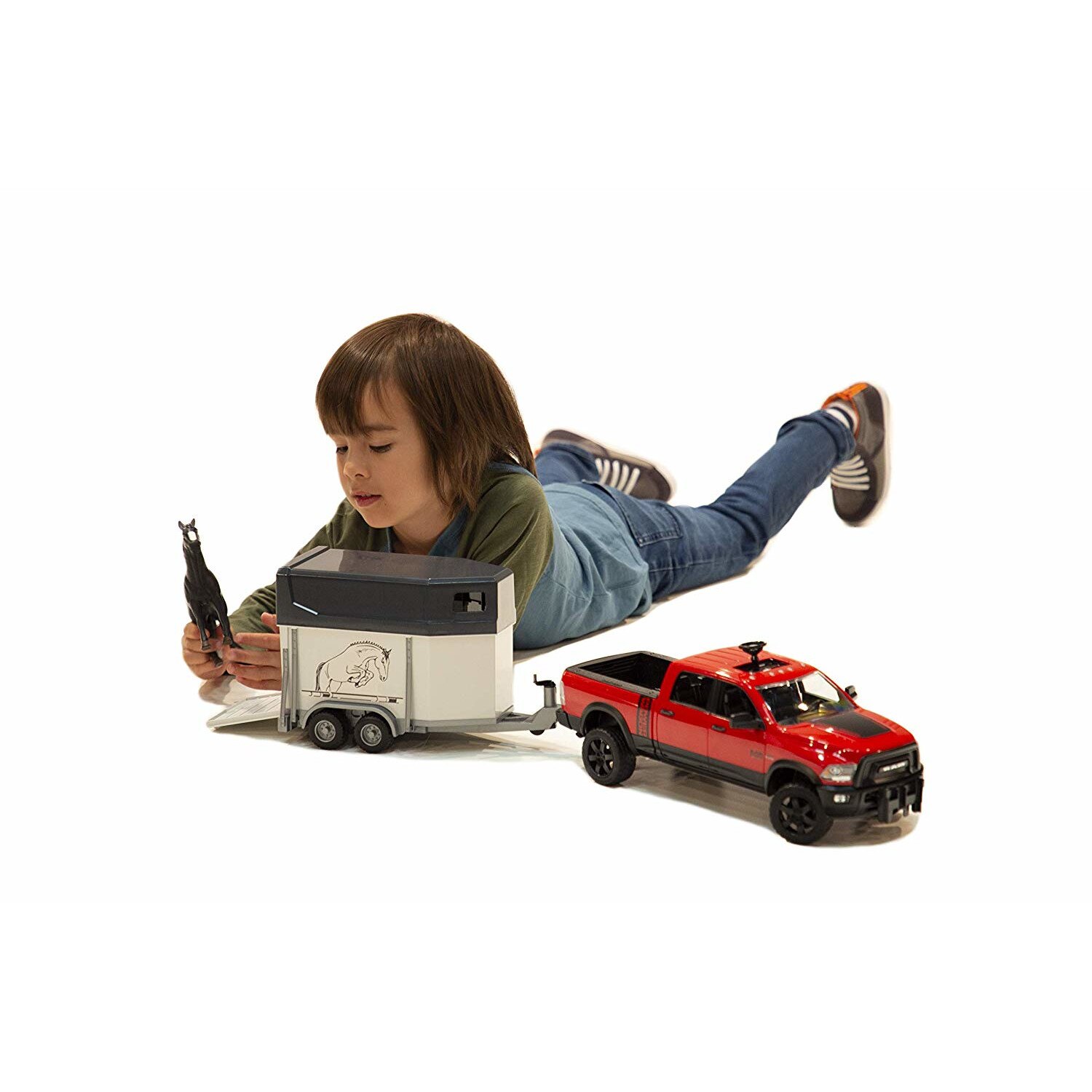 Masina Pick-up RAM 2500 cu trailer pentru transport cai cu figurina cal ...