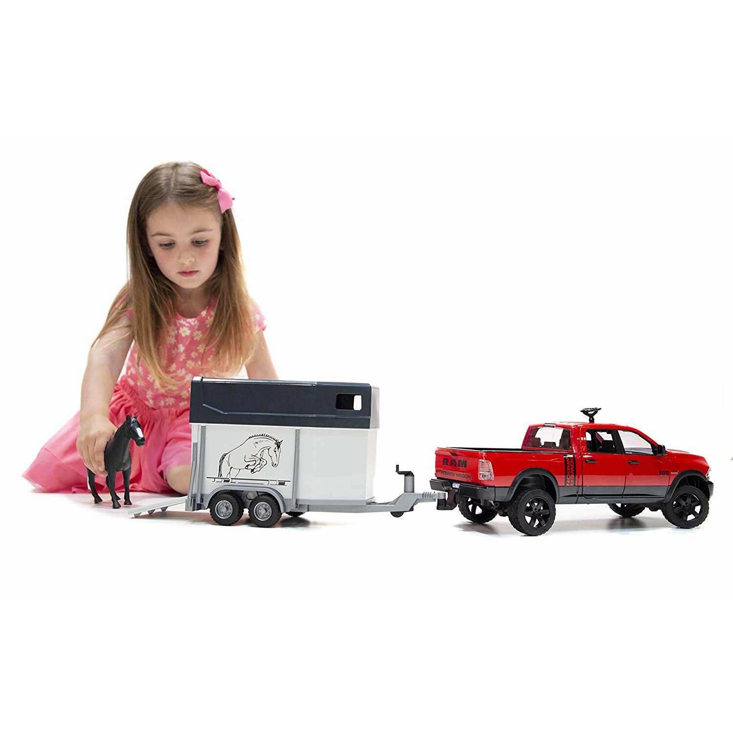 Masina Pick-up RAM 2500 cu trailer pentru transport cai cu figurina cal ...