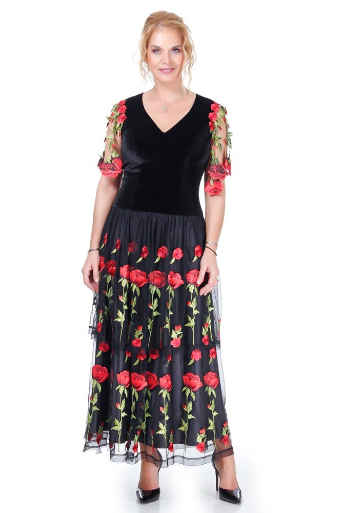 Rochie catifea si tull negru Liza Panait R-2040E, 40 EU - eMAG.ro