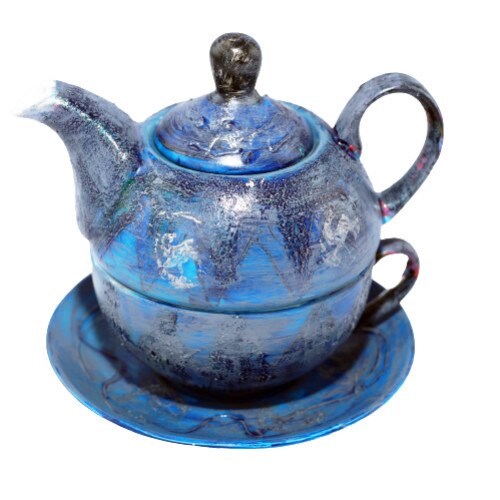 Set 3 piese ceai, din portelan, pictate manual,albastru cu ciclame ...