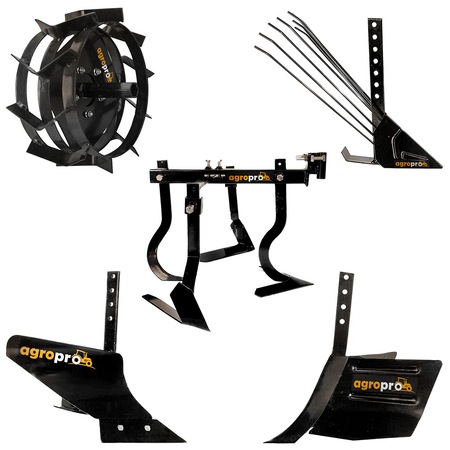 Set 5 Accesorii agricole, AgroPro, plug arat, rarita reglabila, plug cartofi, cultivator, roti ...
