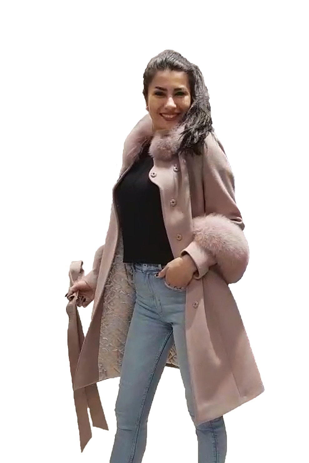 Palton dama,Paucinni, roz pudra, guler blana,48 EU - eMAG.ro