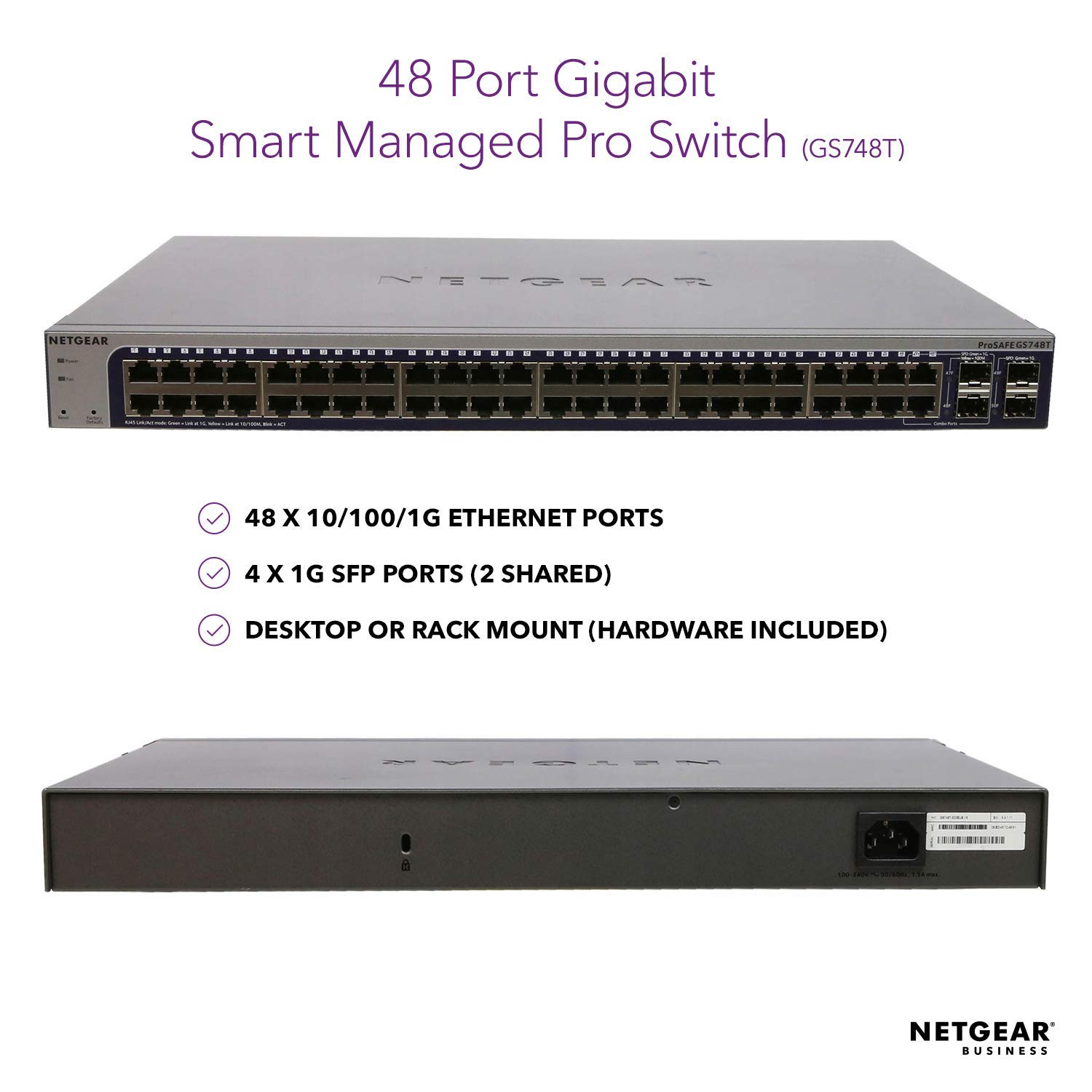 Switch NetGear GS748T, 48 porturi Gigabit Smart Managed Pro Network, 2 ...