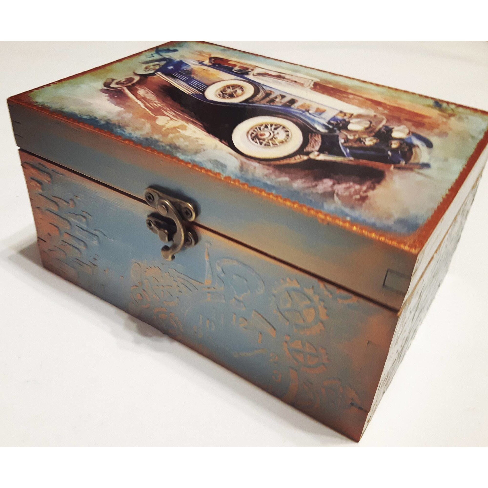 Cutie din lemn, personalizabila cu mesaj si poza, tema Masina de Epoca ...