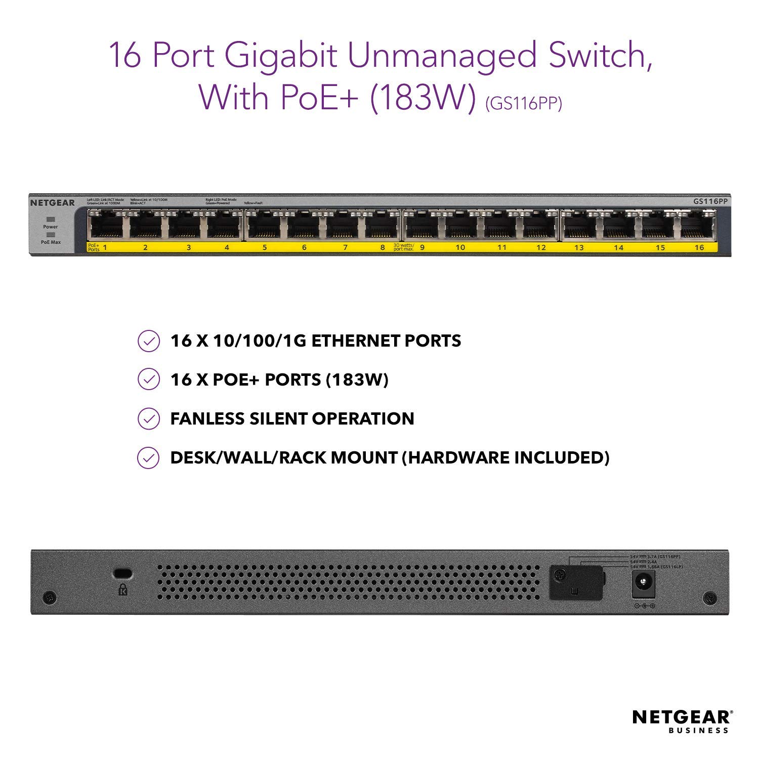 Switch NetGear ProSAFE GS116PP, 16 x 10/100/1000 Mbps Gigabit Ethernet ...