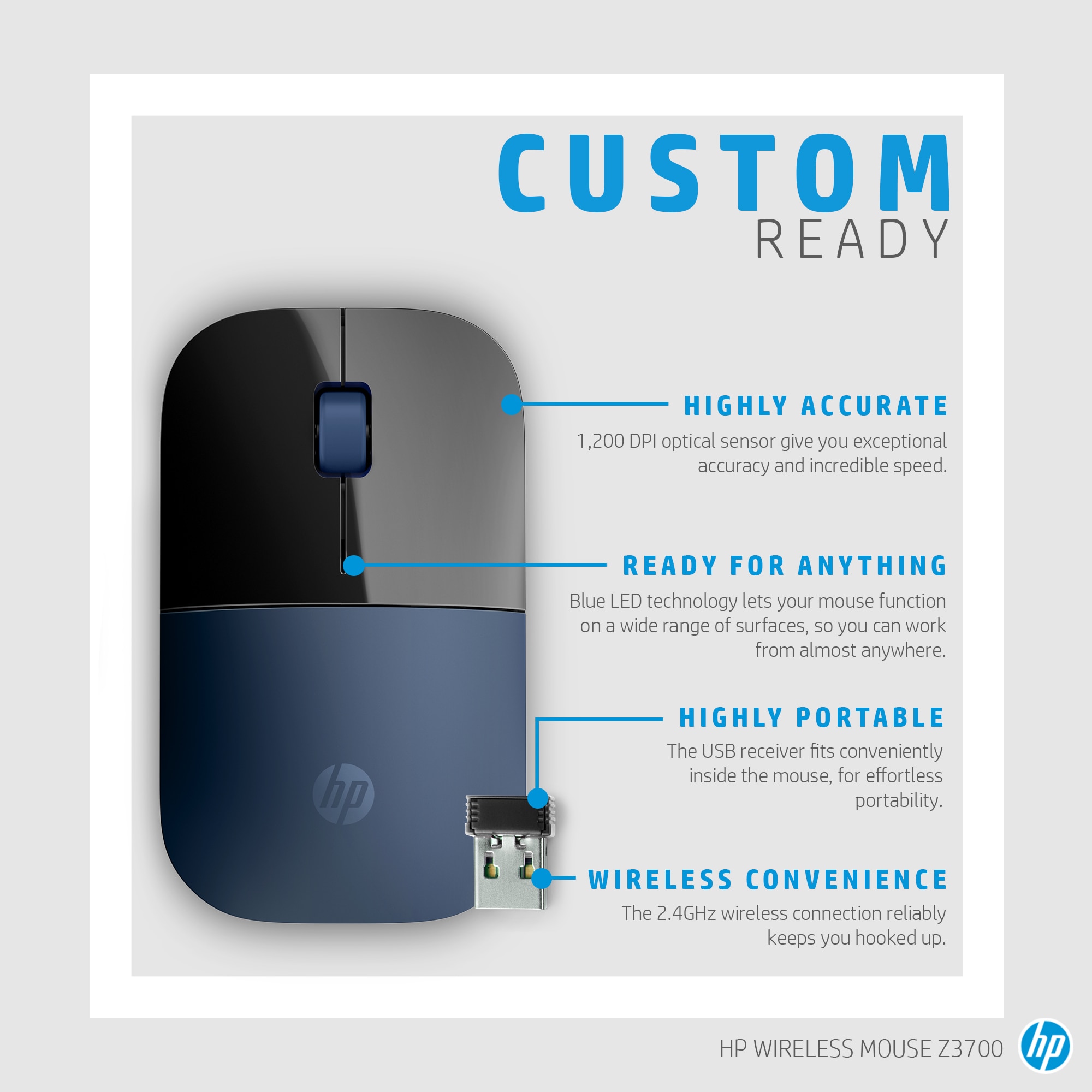 Mouse wireless HP Z3700 Lumiere Blue, nano-dongle USB 2,4GHz, autonomie ...