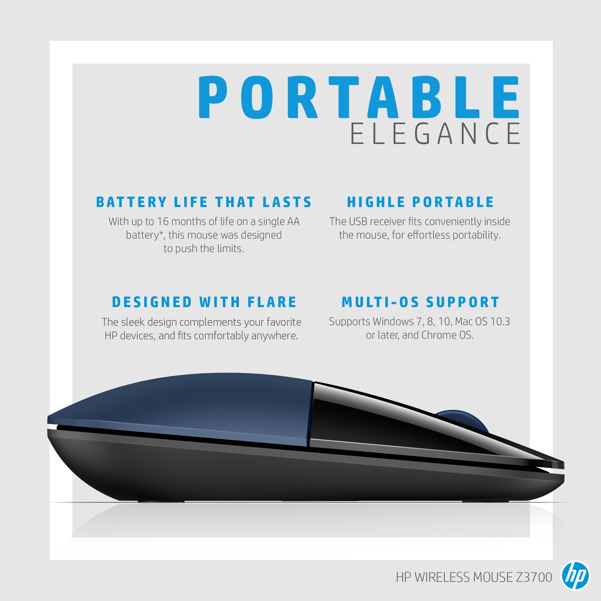 Mouse wireless HP Z3700 Lumiere Blue, nano-dongle USB 2,4GHz, autonomie ...