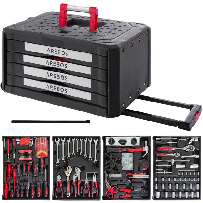 Trusa scule universala,set 213 piese crom-vanadiu, troler cu 4 sertare ...