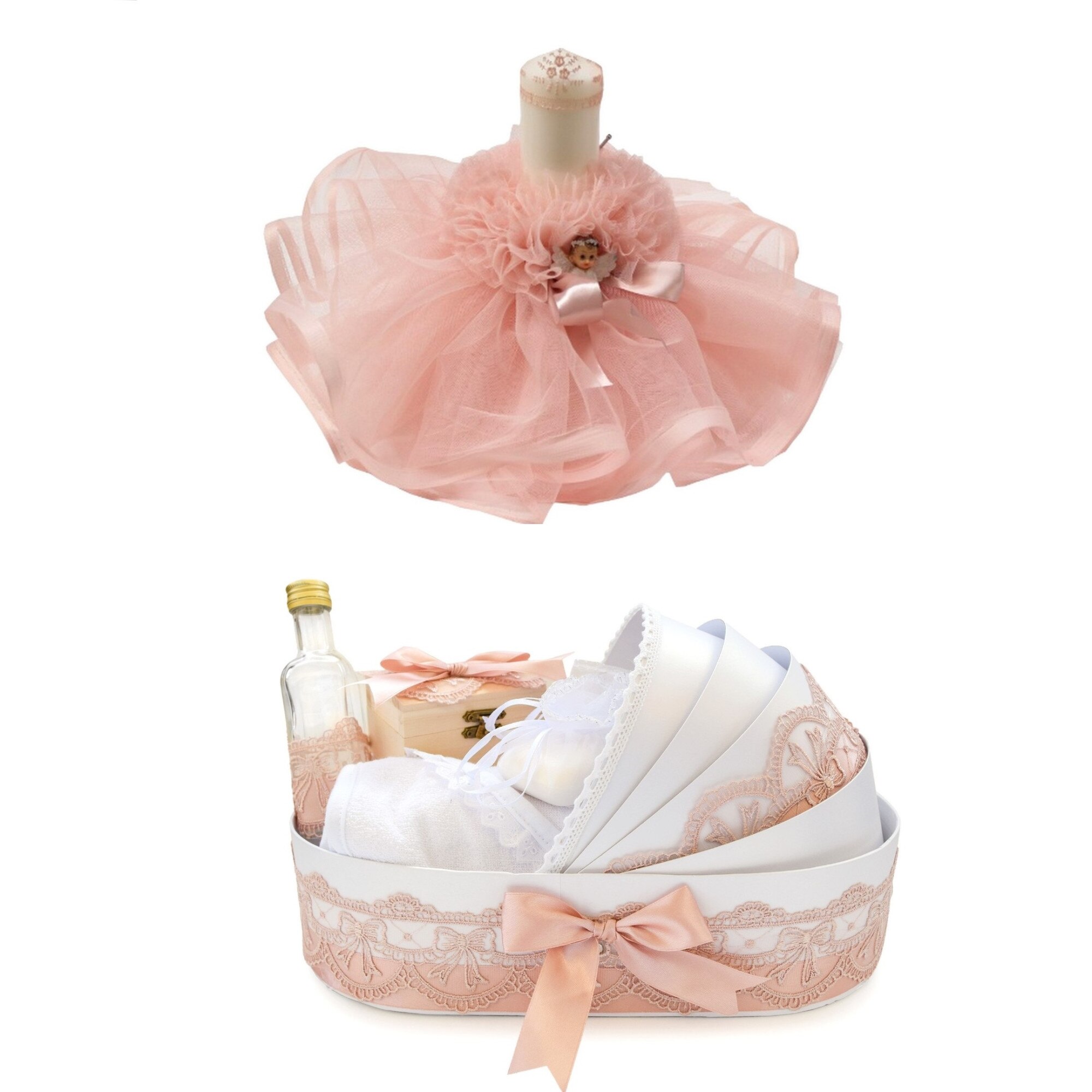 Set Trusou botez biserica complet 9 piese, roz cu lumanare tull inger ...