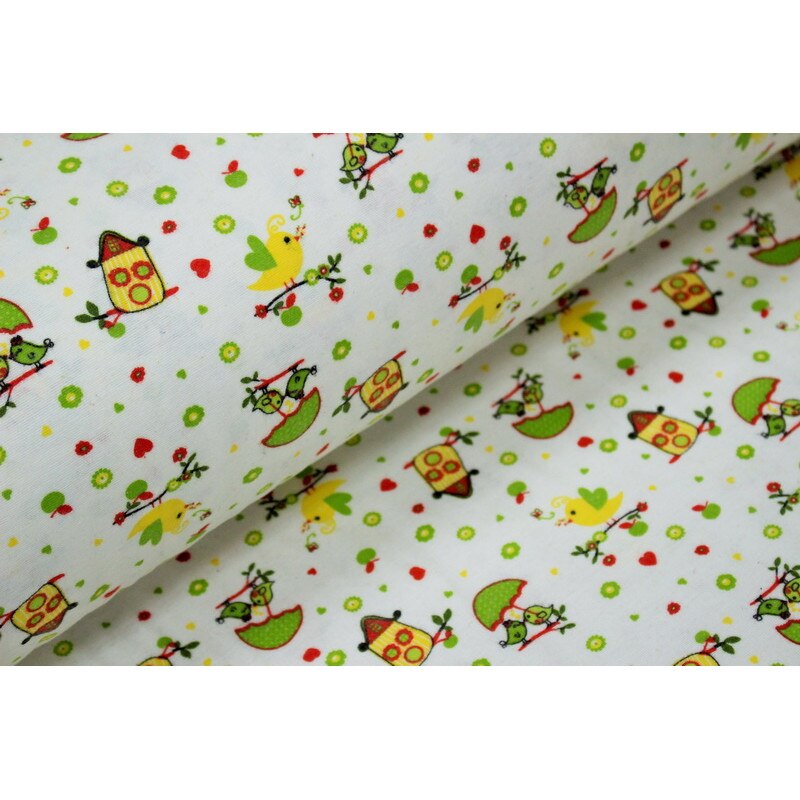 Material textil, Decotex, Finet alb/verde cu pasari 100% bumbac, 150 x ...