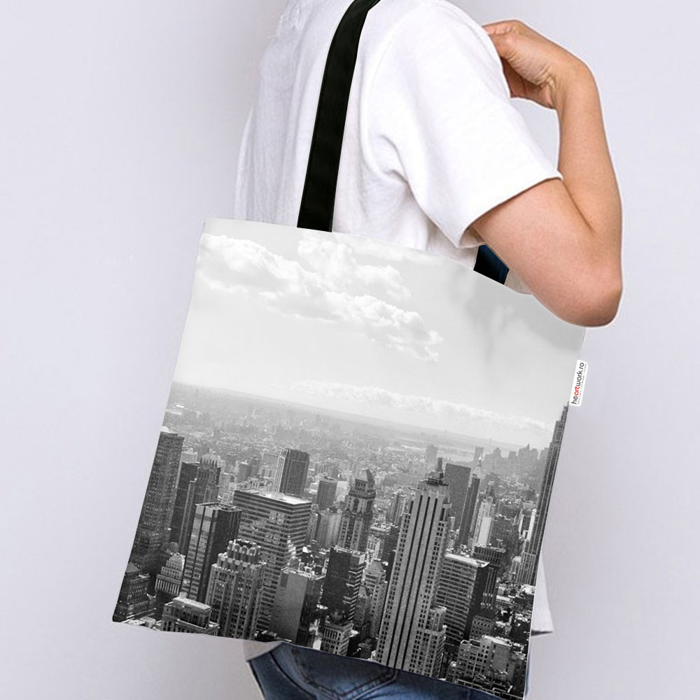 Geanta Tote Bag Heartwork, Orasul New York alb negru, Model Multicolor ...