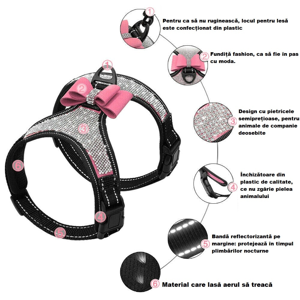 Zgarda ham tip bijuterie cu pietricele si fundita, pentru caini mici ...