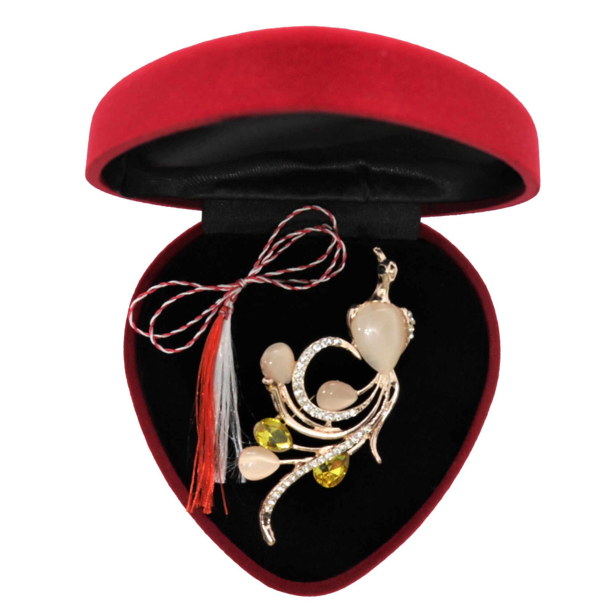 Martisor Brosa Paun Cu Pietre Multifatetate Galbene In Cutie De Catifea ...