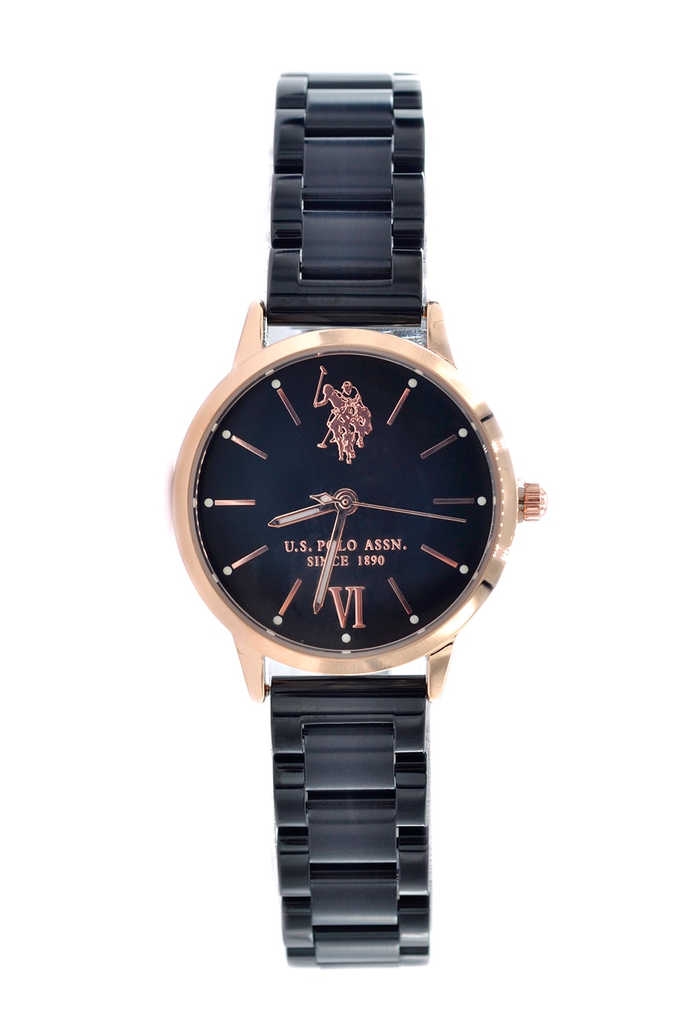 U.S. Polo Assn., Ceas quartz din otel inoxidabil, Negru/Auriu rose ...
