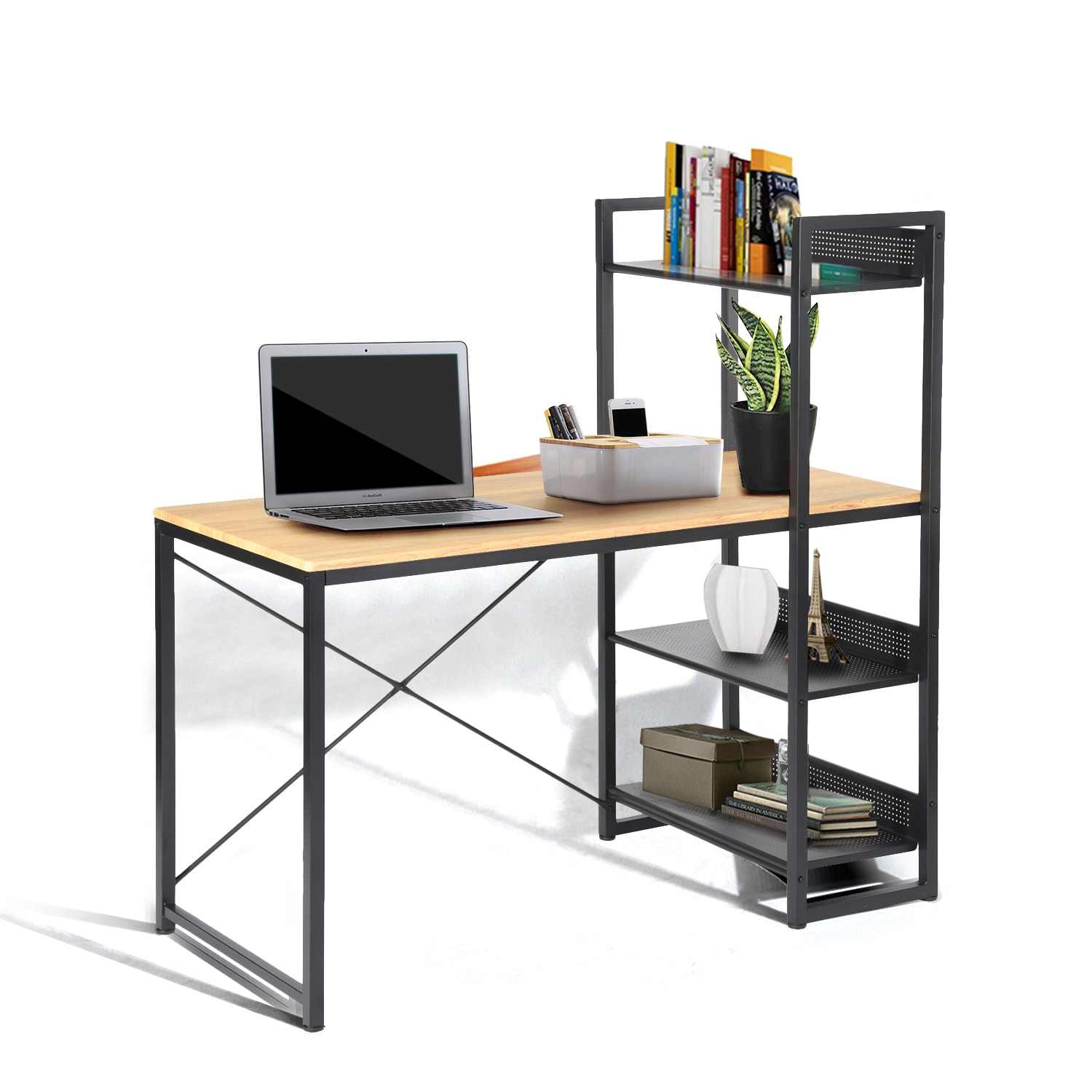 Birou cu raft Furniture R, MDF/PVC, 120x60x124.5 cm, Bej/Negru - eMAG.ro