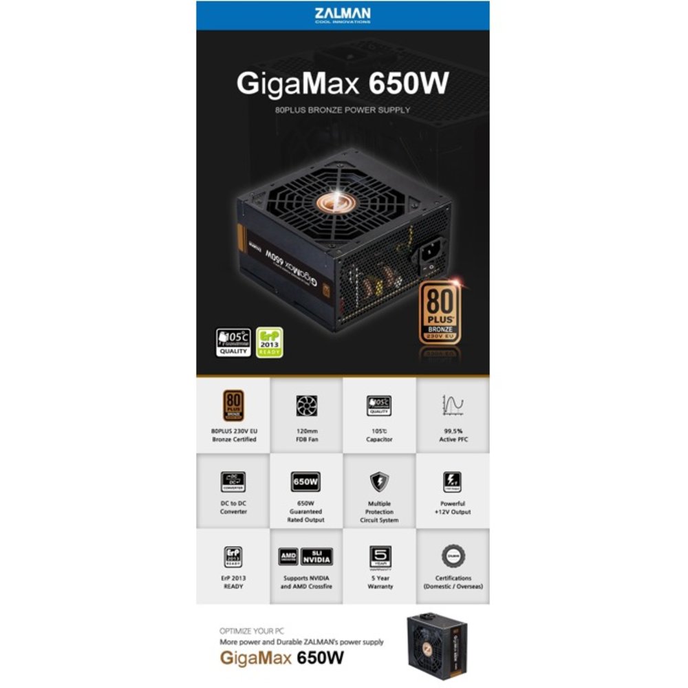 Захранване Zalman GigaMax ZM650-GVII, 650W, 80+ Bronze, Active PFC ...
