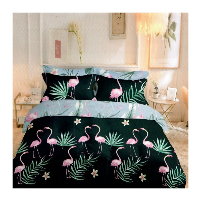 Спален комплект TM Flamingo in the Jungle, Памучен сатен, 4 части - eMAG.bg