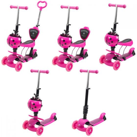 Trotineta reglabila pentru copii, Scooter, Roz, 5 in 1, cu 3 roti ...
