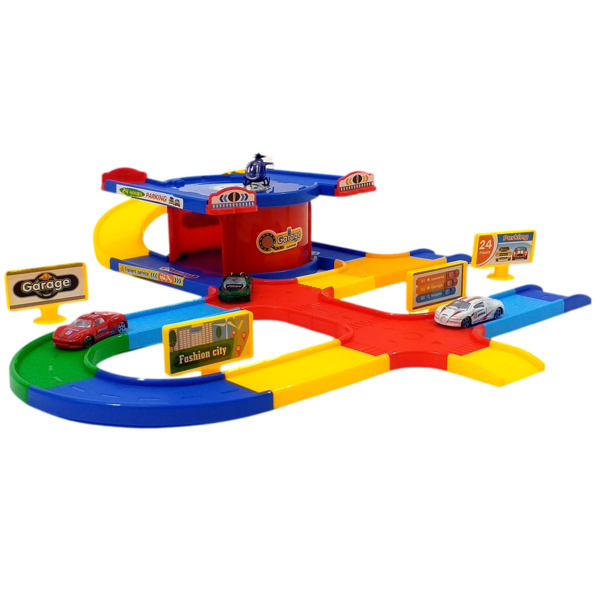 Set,Diy, Pista Masini Cu 1Elicopter, 3 Masinute, Garaj si Semne de ...