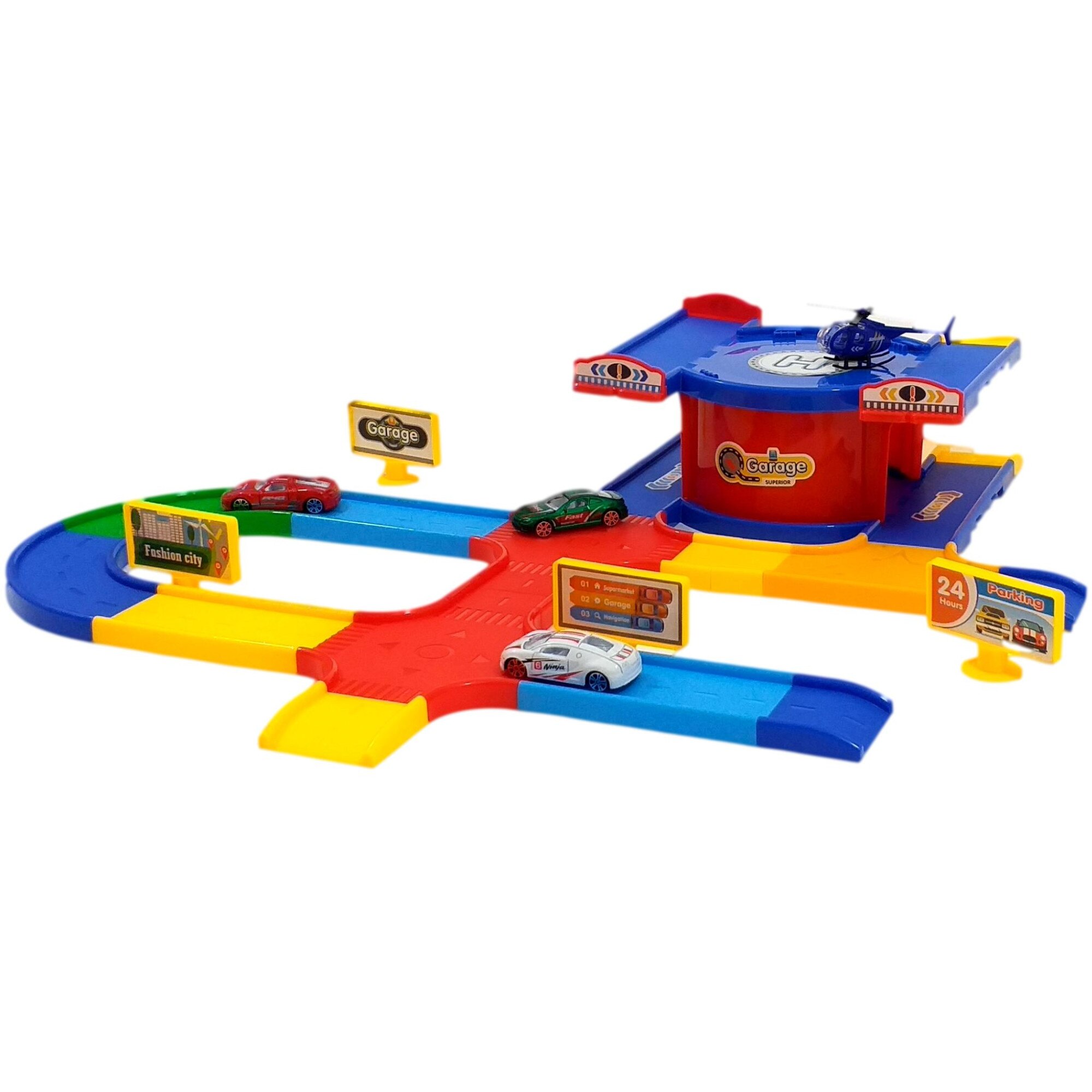 Set,Diy, Pista Masini Cu 1Elicopter, 3 Masinute, Garaj si Semne de ...