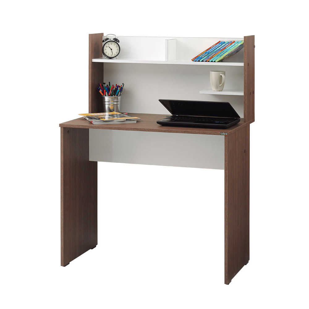 Birou Adore Plus, cu rafturi, Nuc, Alb Lucios, 90x122x55 cm - eMAG.ro