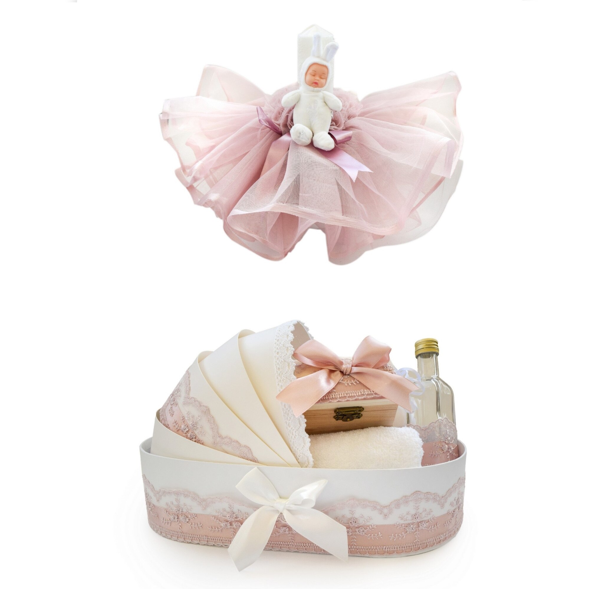 Set Trusou botez biserica complet 9 piese cu danteluta roz cu buline ...