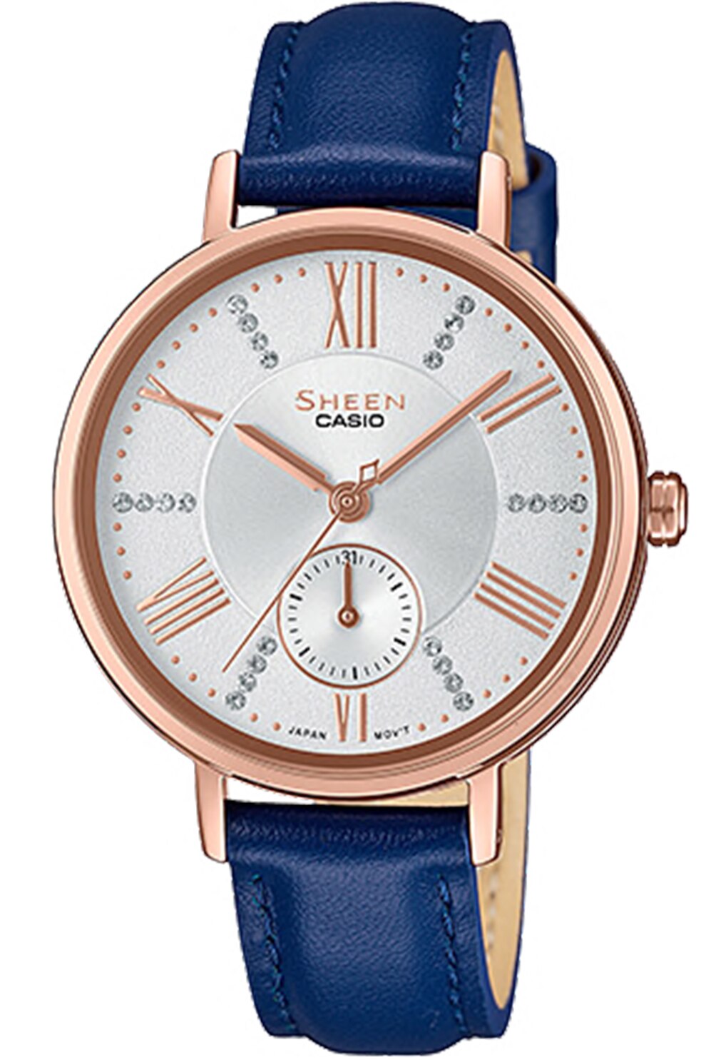 Casio, Ceas cu o curea din piele si cristale®, Bleumarin/auriu rose/alb ...